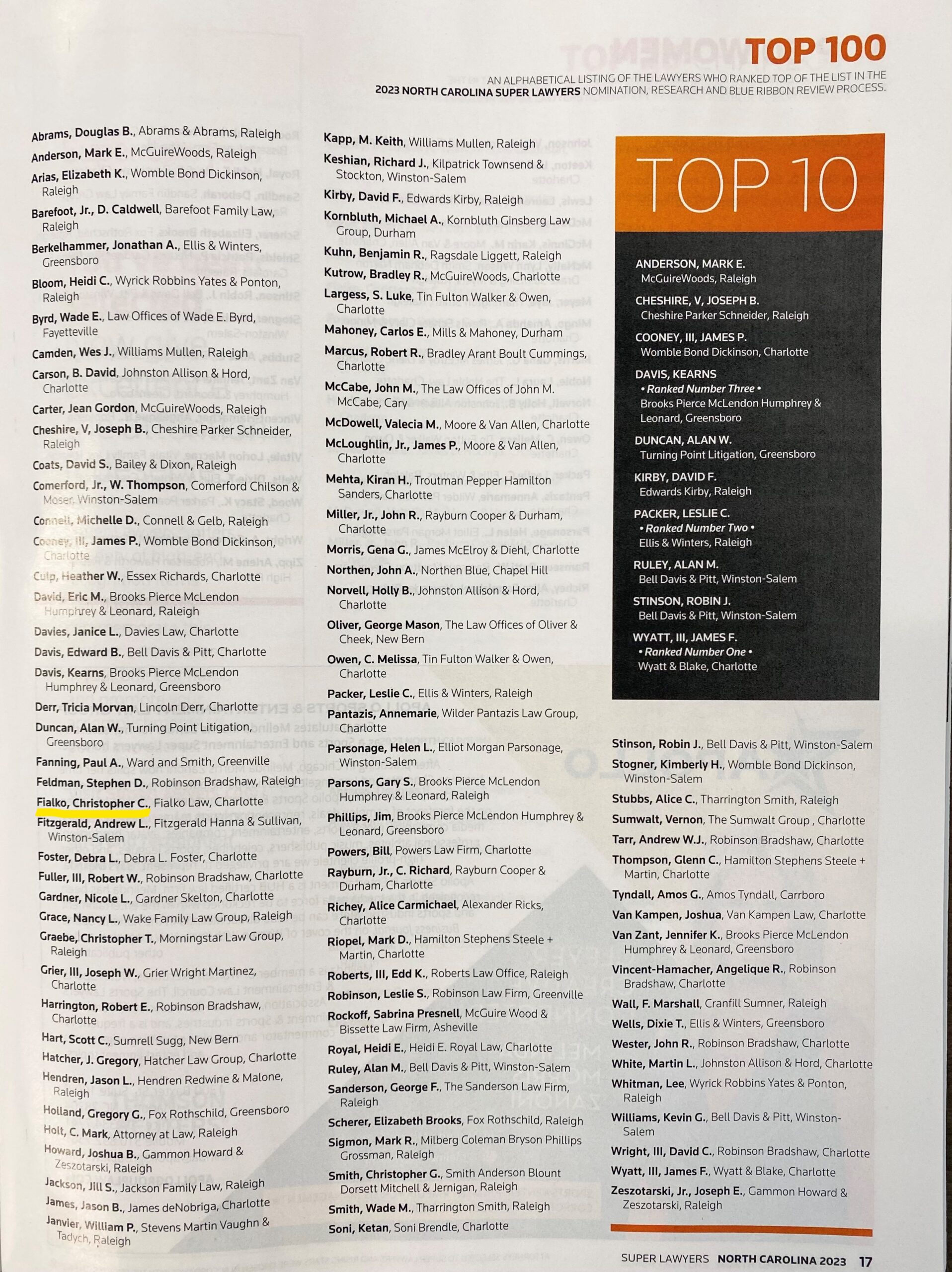 Chris Fialko has been selected to the Top 100: 2023 North Carolina ...